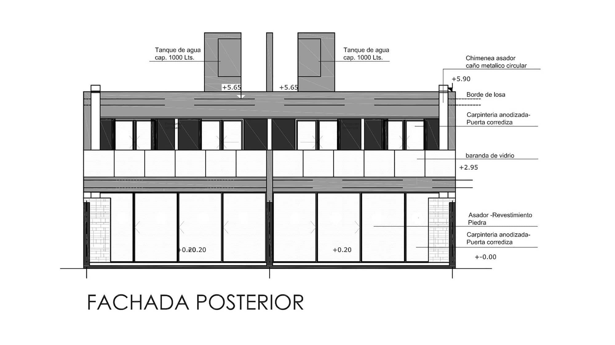 Plano de fachada posterior de casa de dos pisos | Construye Hogar